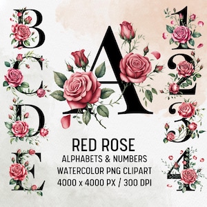 Red Rose Floral Alphabet Clipart: Black Letters (PNG Digital Download ...