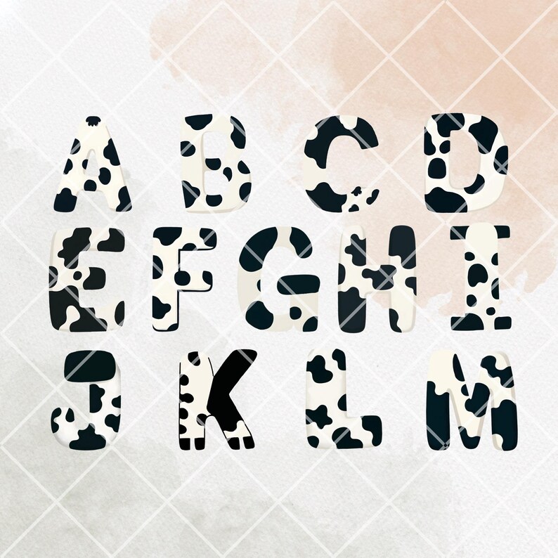Cow Print Alphabet Clipart, Farm Animal Letters PNG, Black and White ...