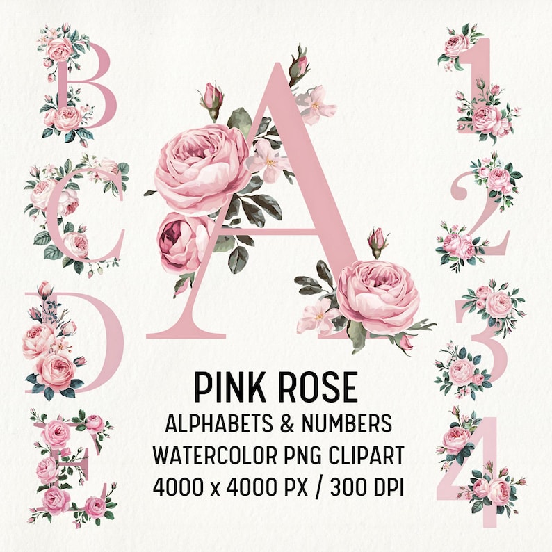 Pink Rose Floral Alphabet PNG: Watercolor Letter Clipart (digital ...
