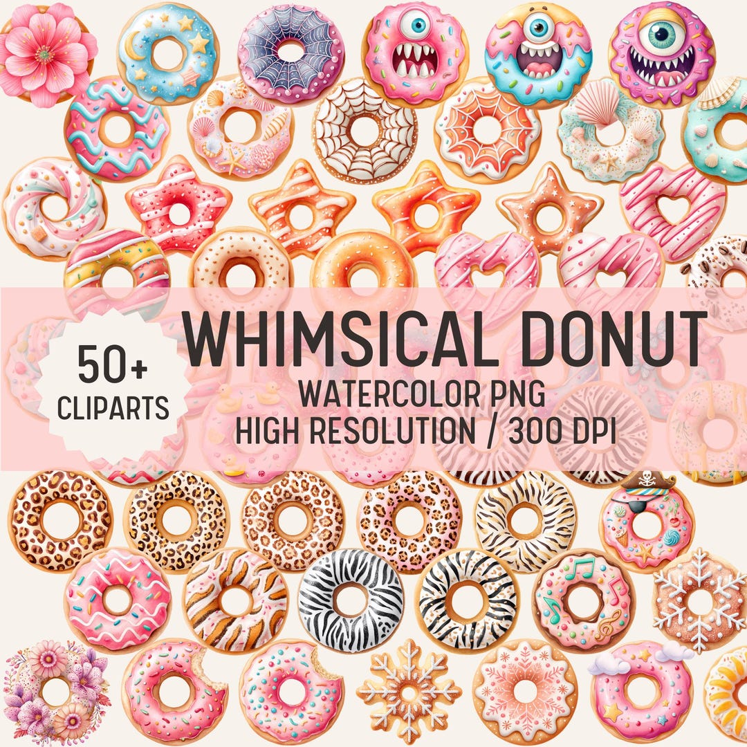 Whimsical Donuts Clipart PNG Bundle, Cute Watercolor Donut ...
