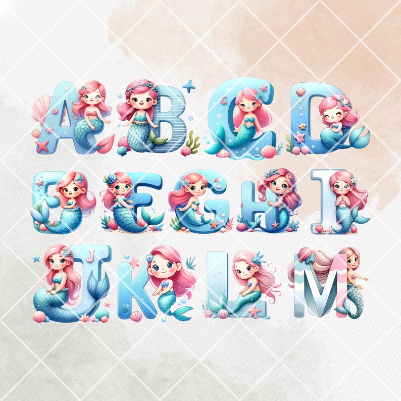 Mermaid Alphabet Clipart, Ocean Fantasy Letters PNG, Underwater Sea ...