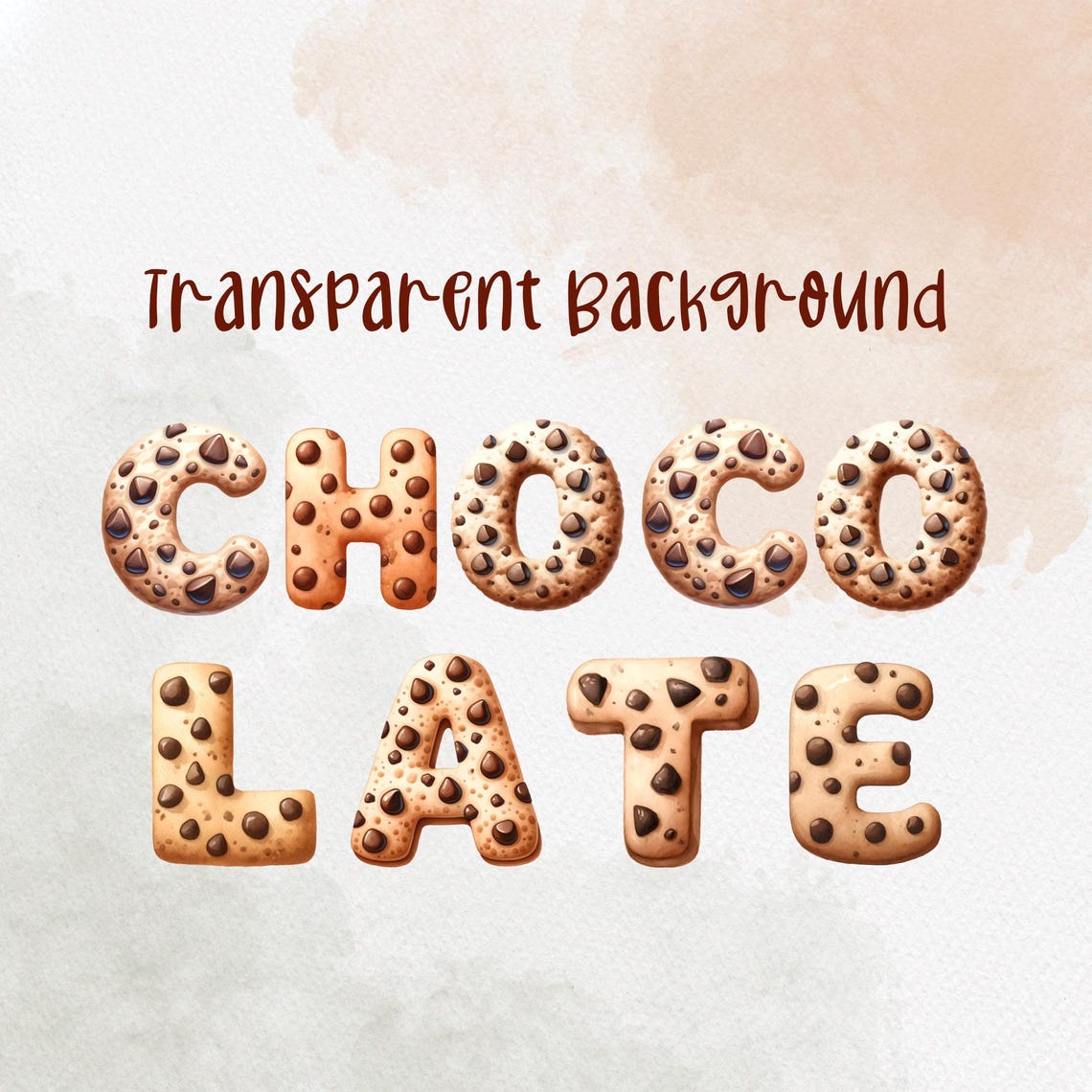 Chocolate Chip Cookie Alphabet Watercolor Clipart: PNG Font (digital ...