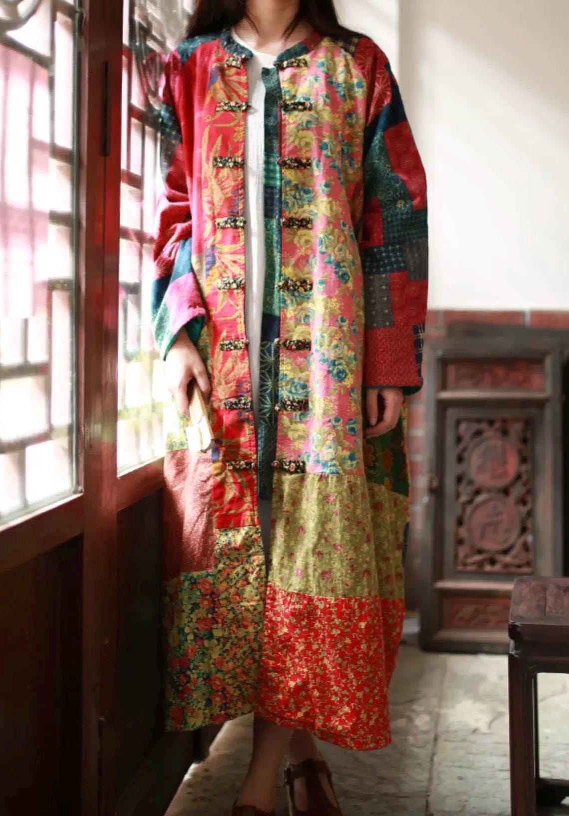 Women Chinese Vintage Style Patchwork Long Coat Chinese Buttons CNY - Etsy