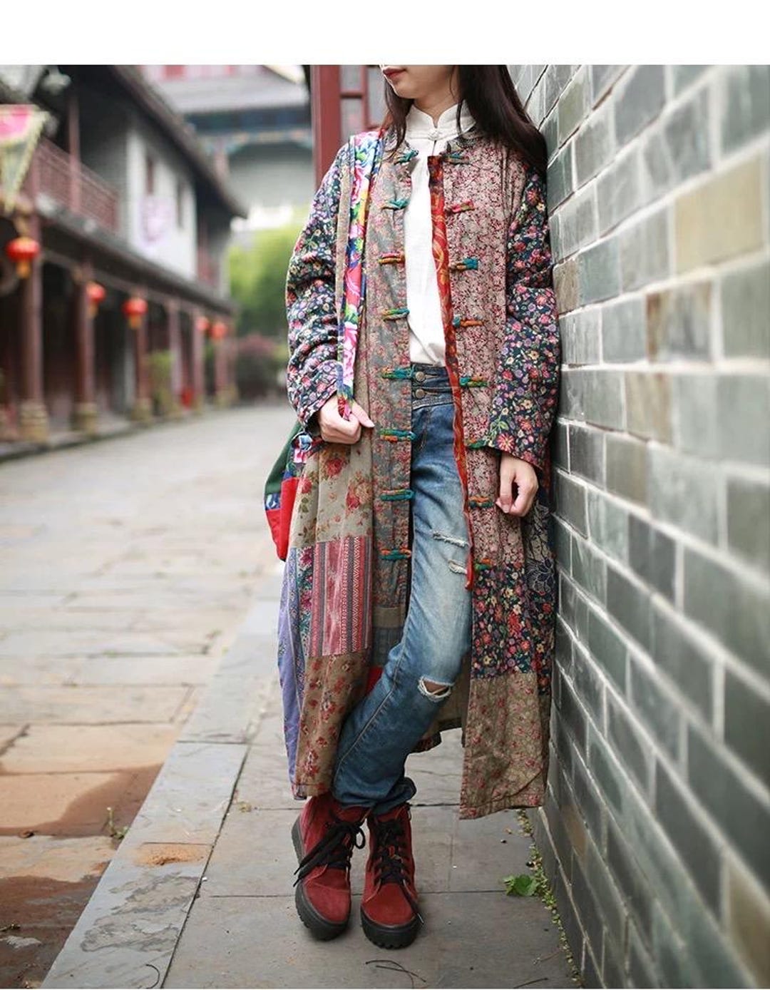 Women Chinese Vintage Style Patchwork Long Coat Chinese Buttons CNY - Etsy