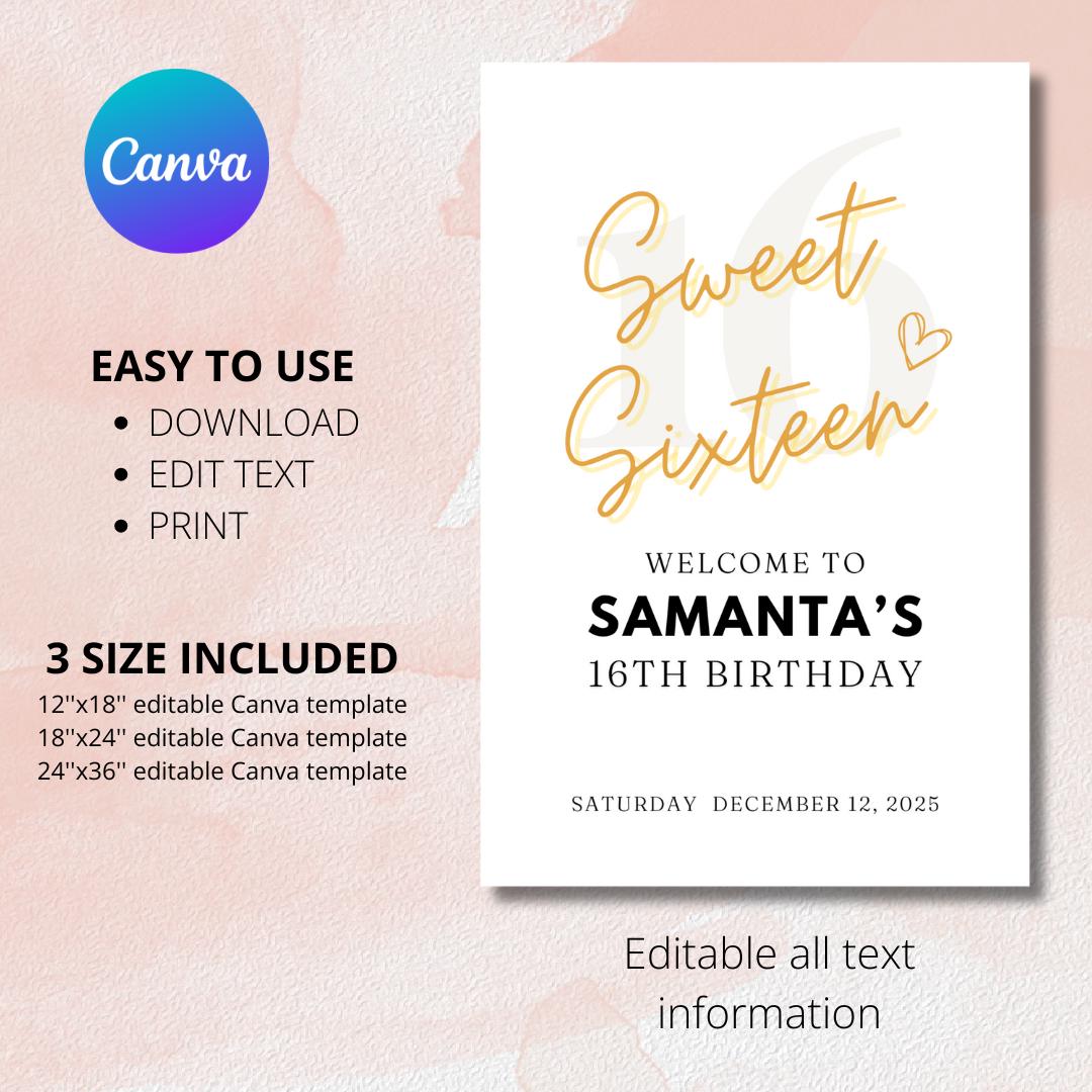 Editable Sweet Sixteen 16th Welcome Sign, Minimalist Any Age Birthday ...