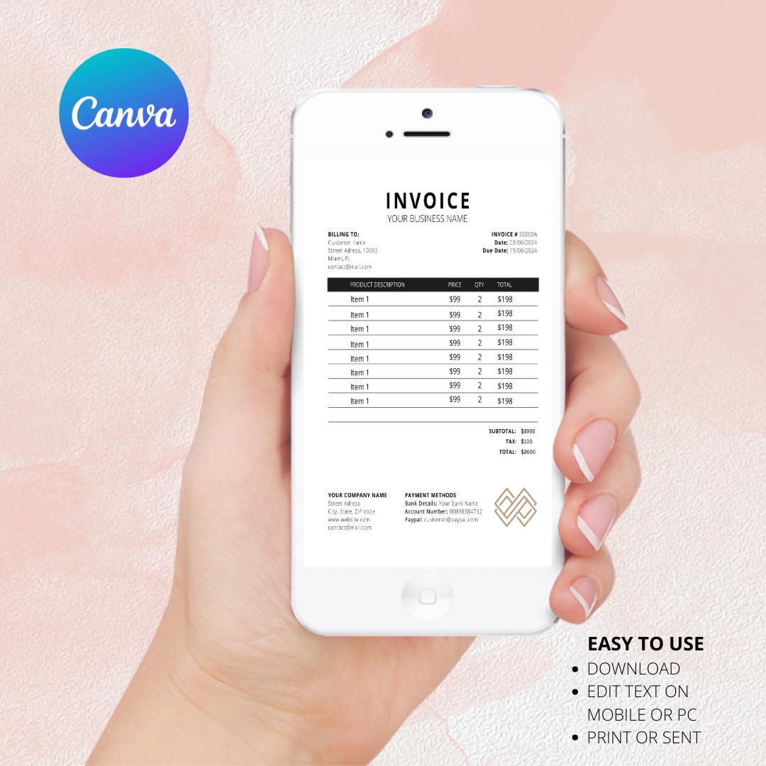 Personalized Invoice Template Canva, Editable Small Business Invoice ...