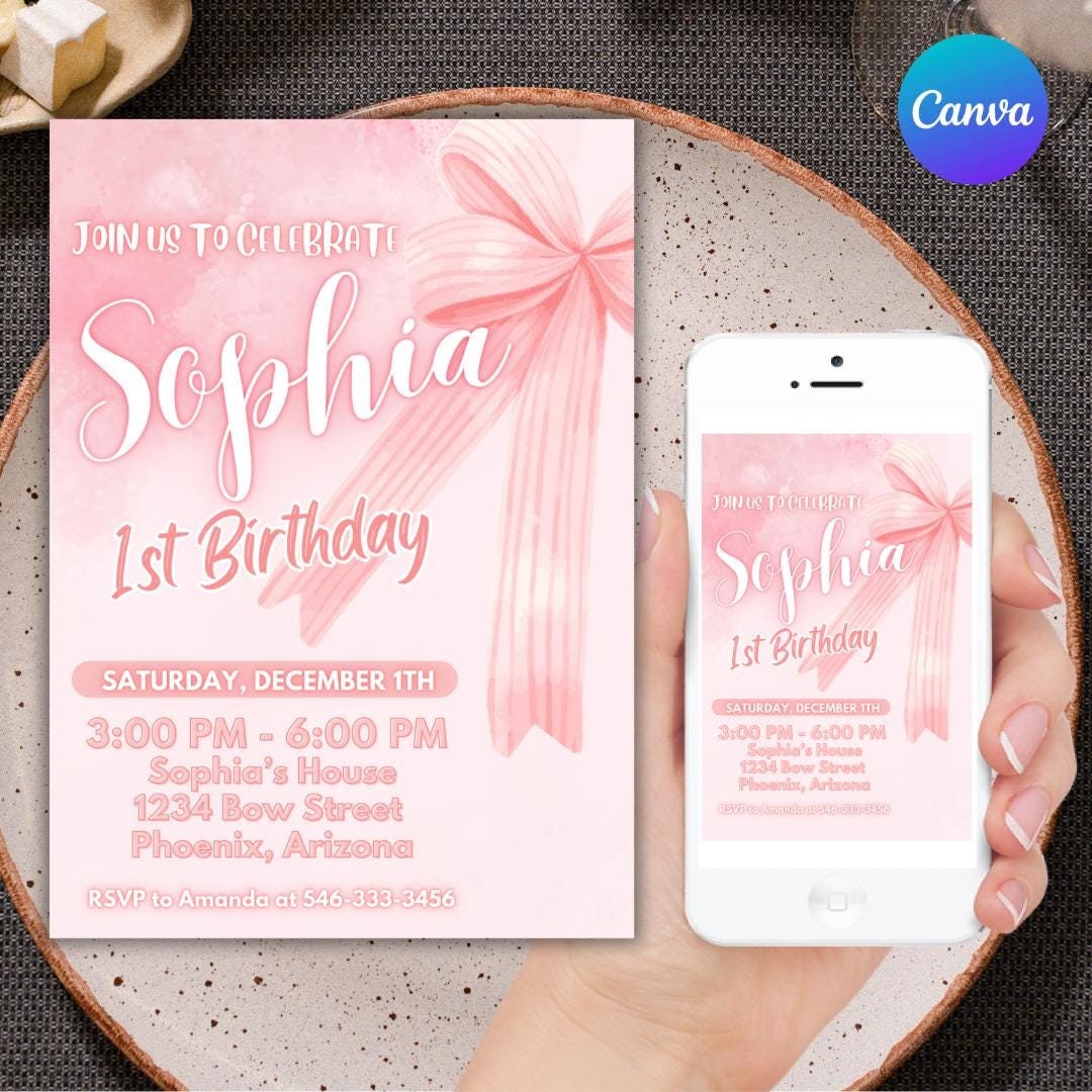 Editable Pink Bow Birthday Invitation Template, Coquette Bow Party ...