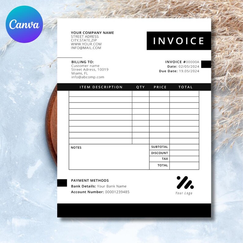 Editable Minimalist Invoice Template Canva, Small Business Invoice Form ...