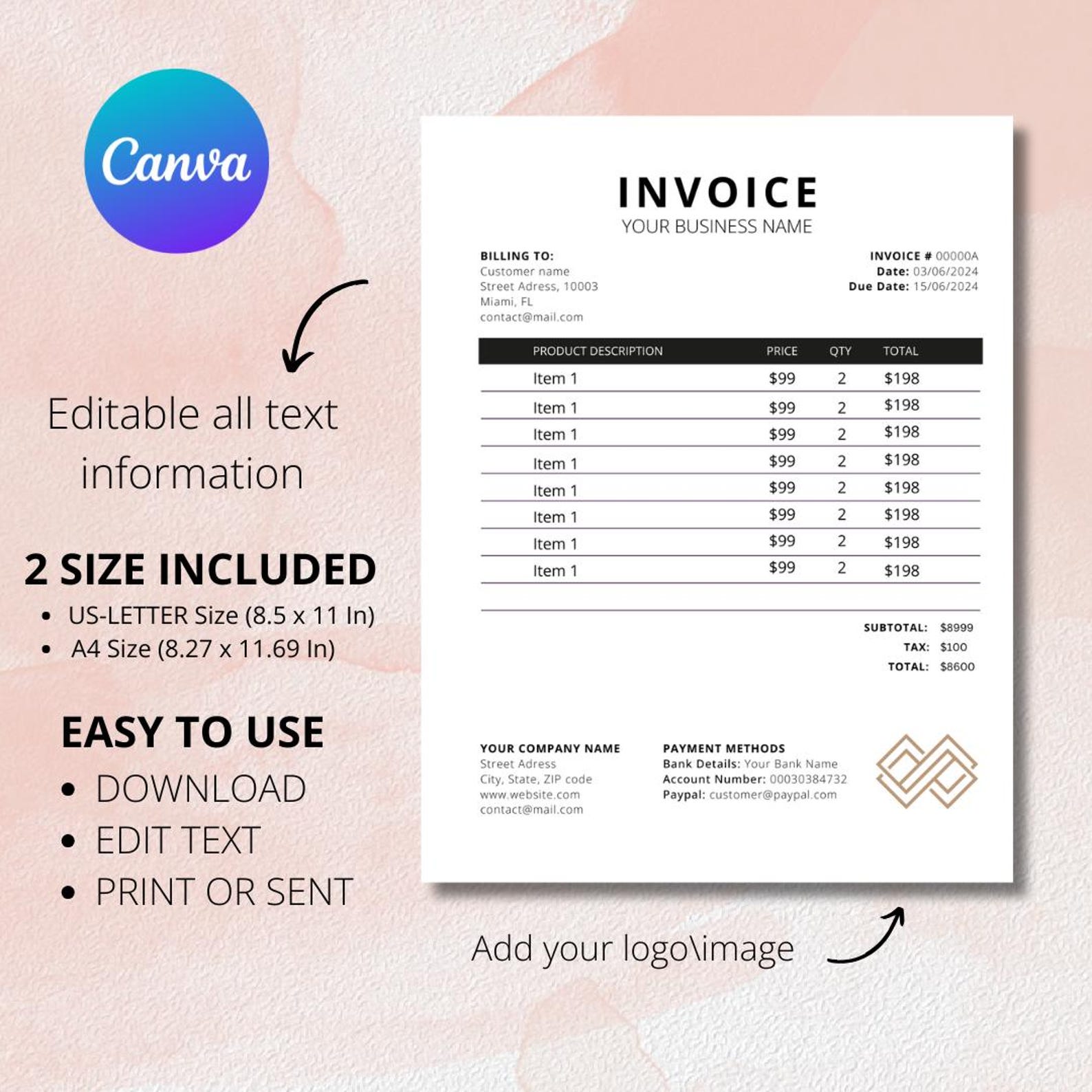 Personalized Invoice Template Canva, Editable Small Business Invoice ...