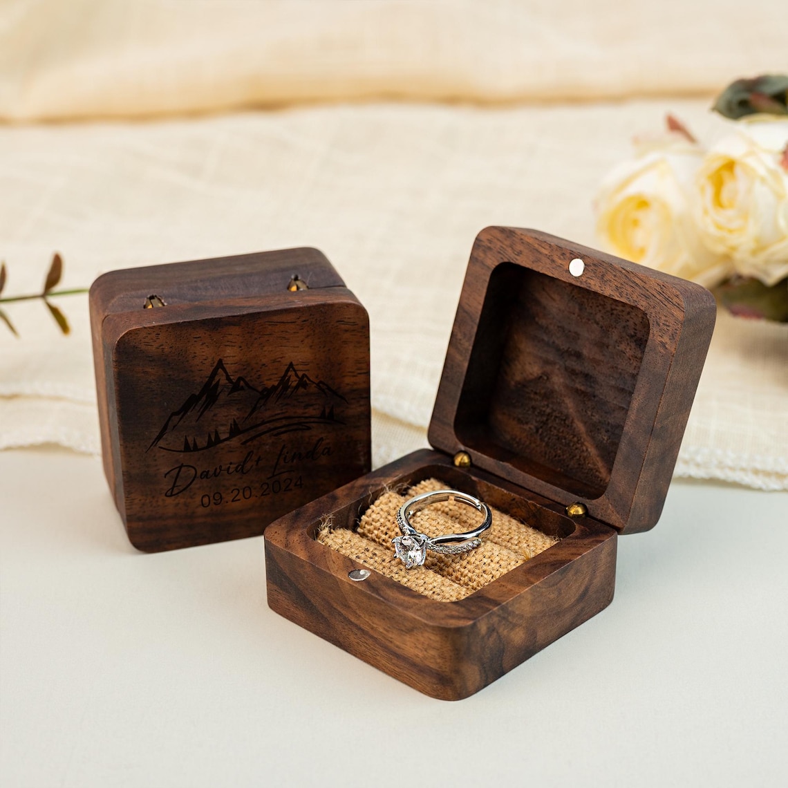 Personalized Wooden Ring Box, 2 Slots Ring Box, Wedding Ring Box for ...