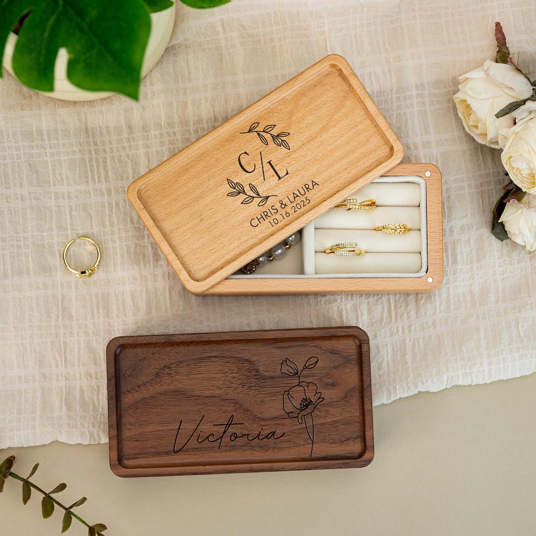 Custom Logo Jewelry Box for Her, Engraved Wooden Flower Jewelry Box ...