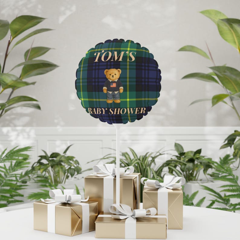 Personalized Preppy Teddy Bear Baby Shower Balloon | Plaid Vintage ...