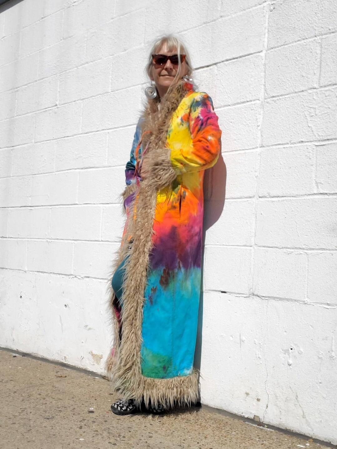 SHOW STOPPER Denim Maxi Coat With Faux Fur in Rainbow Tie Dye - Etsy
