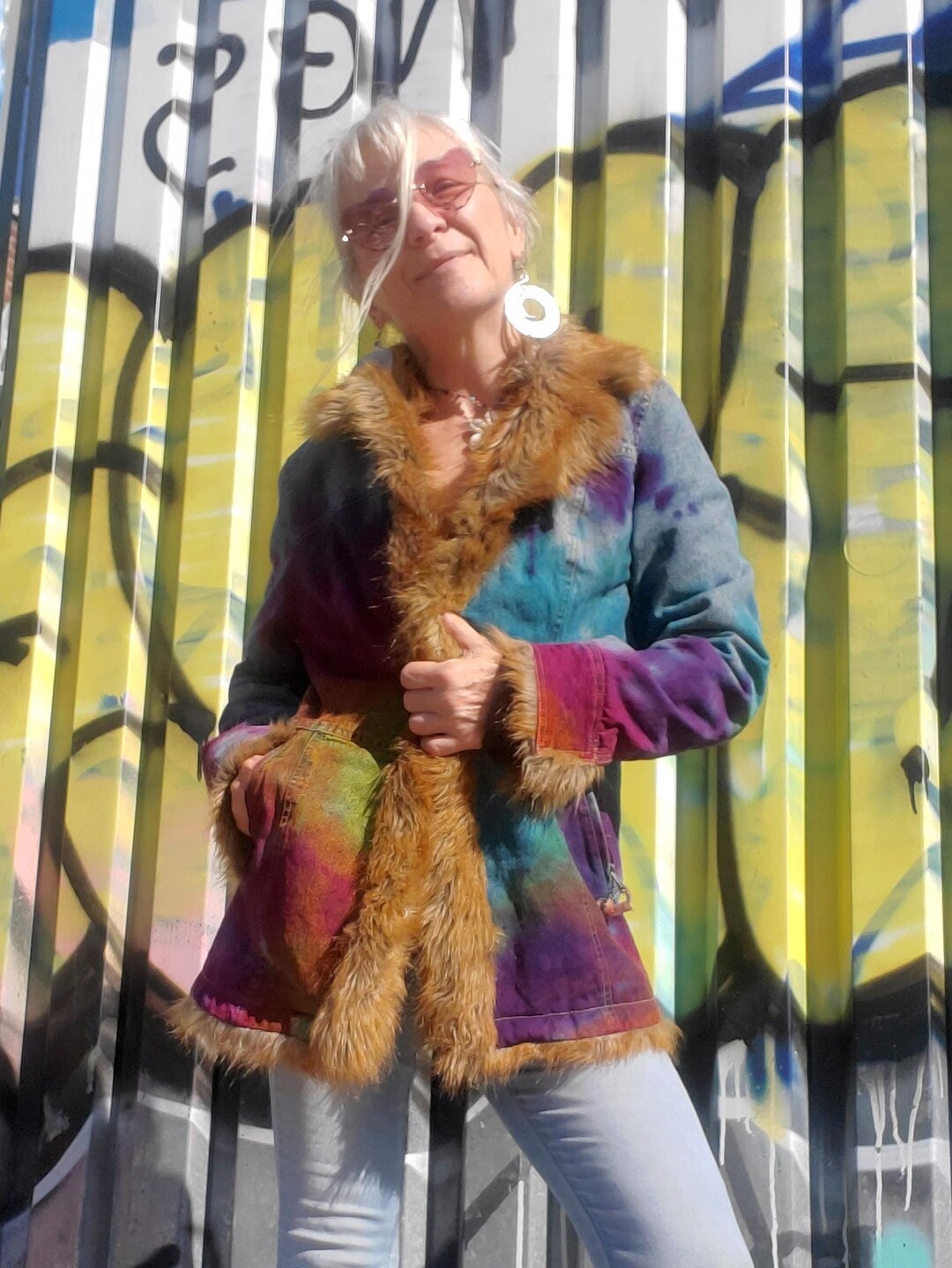 Funky Rainbow Denim Coat With Faux Fur, RARE FIND - Etsy