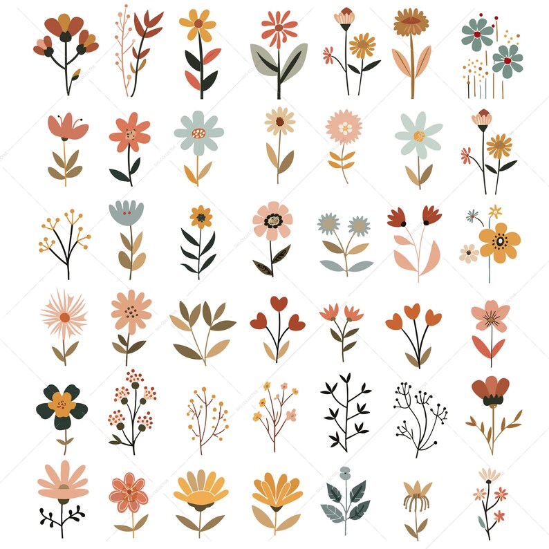 Flower SVG Bundle, Boho Pastel Set of Floral Illustrations, Hand-drawn ...