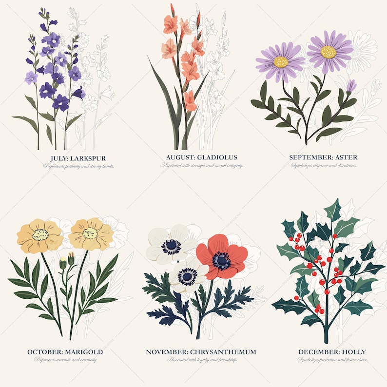 Birth Month Flower SVG, Yearly Set of Floral Vector Illustrations for ...