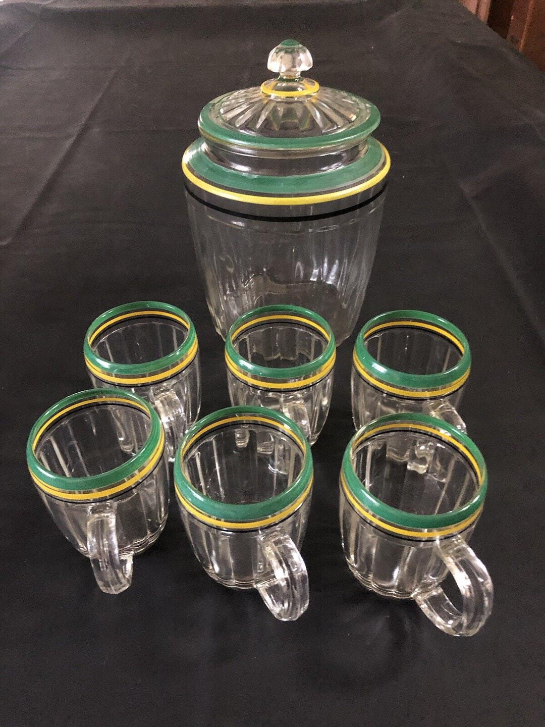 Vintage Anchor Hocking Pillar Optic Green Glass Set With Pretzel Jar - Etsy