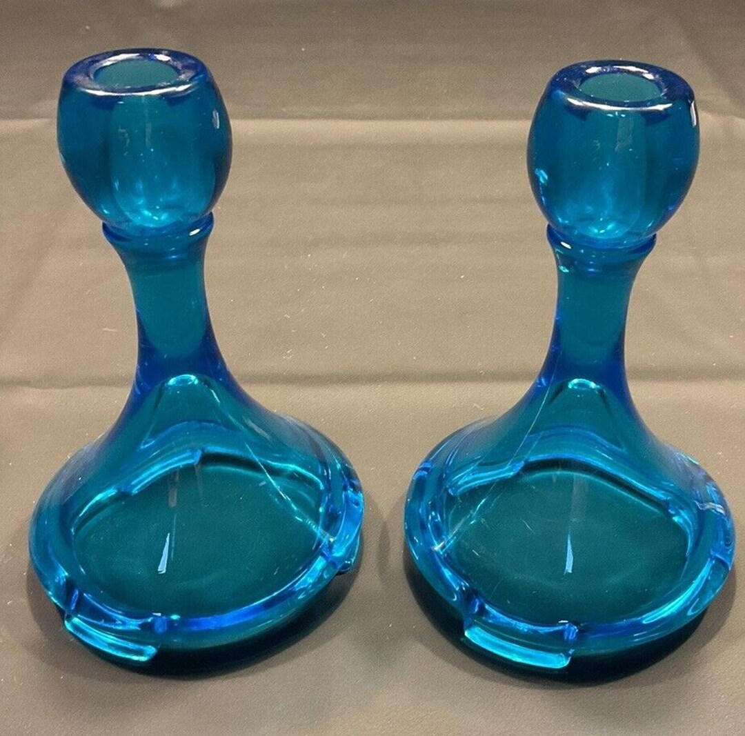Fostoria Saint Alexis Turquoise Glass Candle Holders Etched Floral ...
