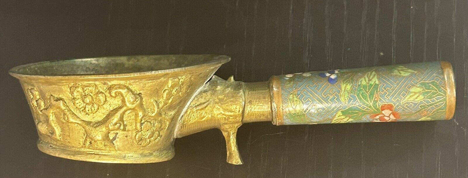 Vintage Chinese Silk Pan Iron Dragon Brass Relief Enamel Handle Antique ...