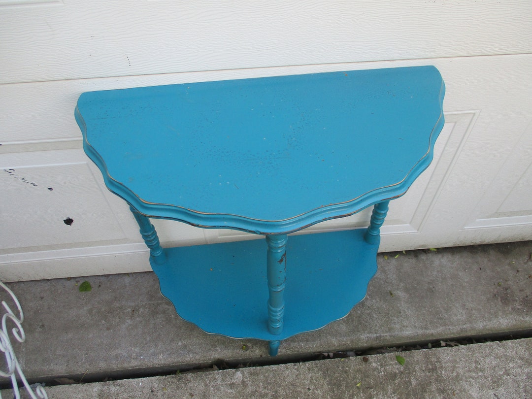 Teal/blue Half Moon Side Pie Crust Table Vintage Wood Spindle End Stand ...