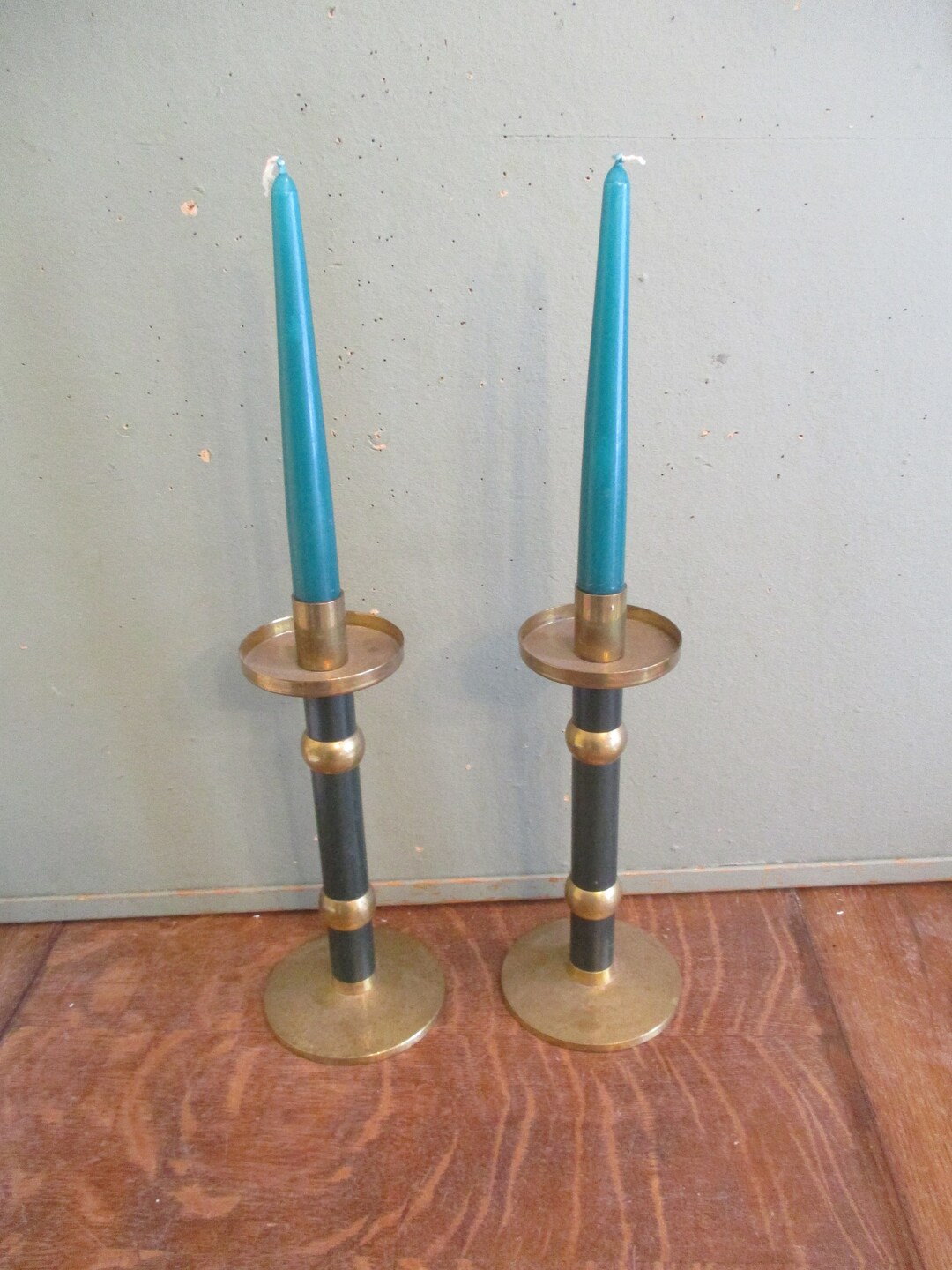 Candlesticks Brass Dark Green Metal Vintage 10 Inches Pair - Etsy
