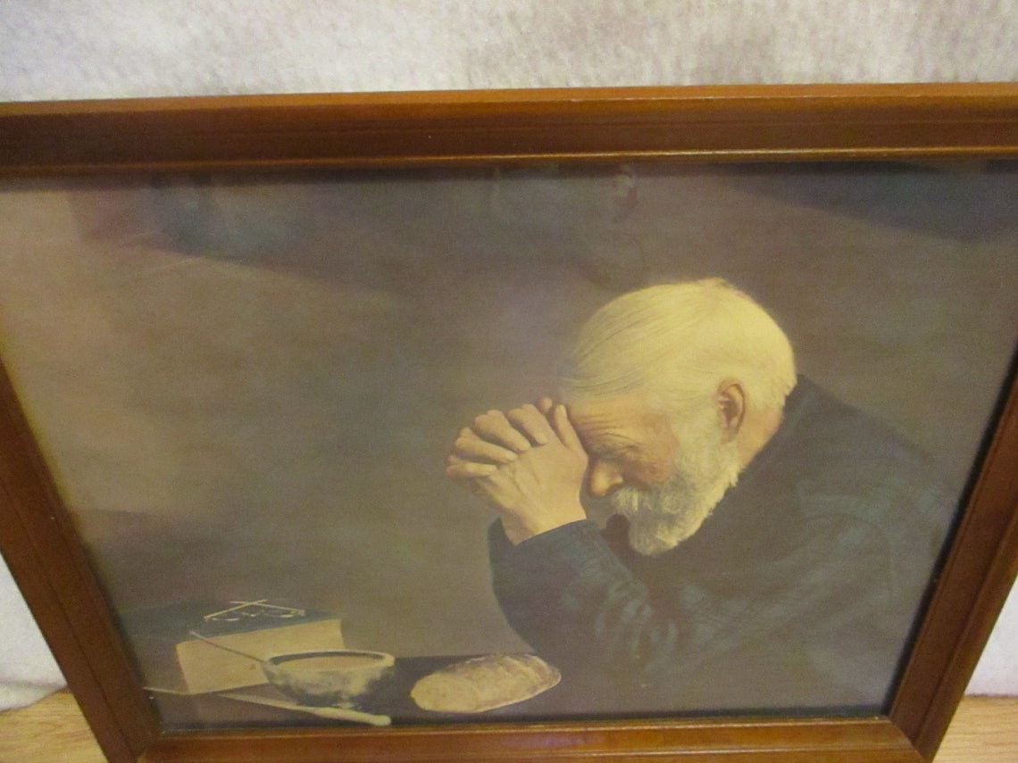 Grace Picture Old Man Praying over Bread 17 x 22 Vintage With | Etsy