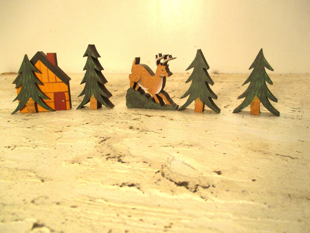 Deer Pine Trees Miniature Cabin Figurine Set of 5 - Etsy