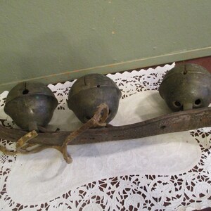 Antique Extra Large Bronze Sleigh Bells 3 on Leather Strap - Etsy