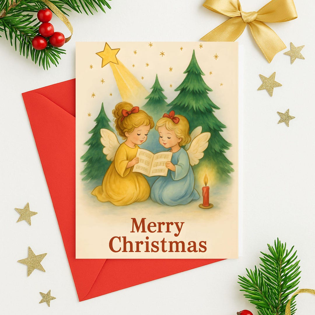 Vintage Angels Christmas Card: Printable Retro Holiday Greeting (5x7 ...