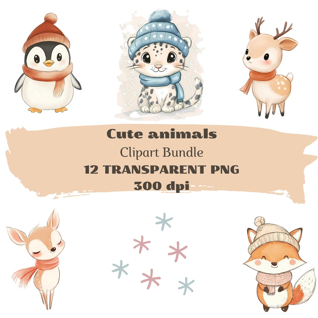 Cute Animals Clipart Bundle Winter Animals Clipart, 12 PNG Transparent ...