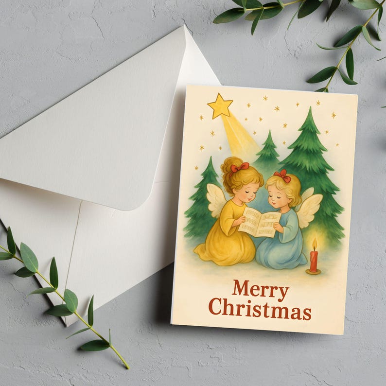Vintage Angels Christmas Card: Printable Retro Holiday Greeting (5x7 ...