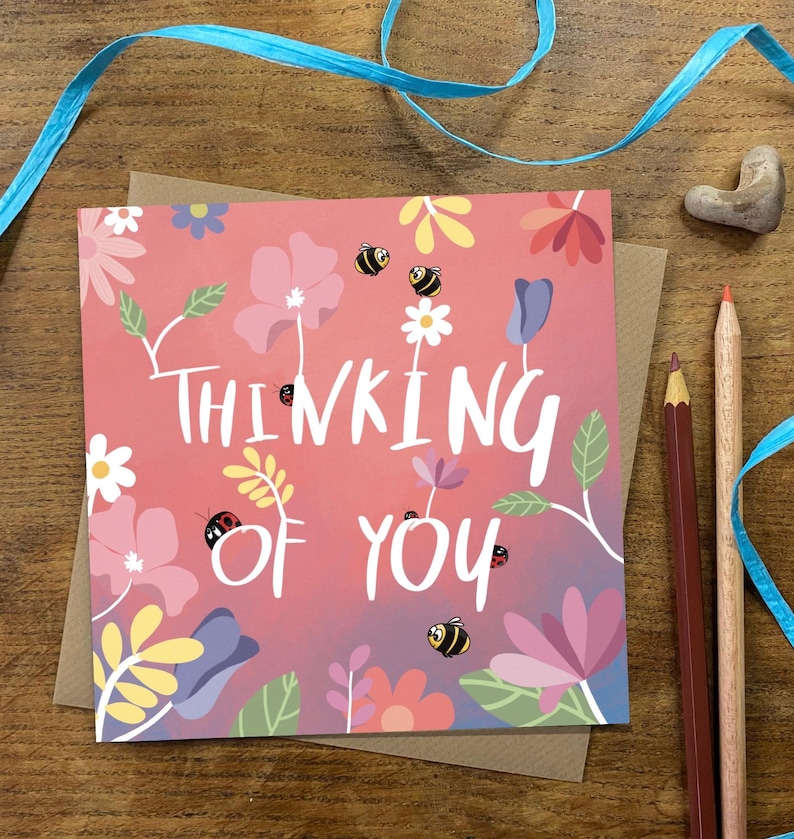 Floral Thinking of You Greeting Card With Bees - Script Writing ...