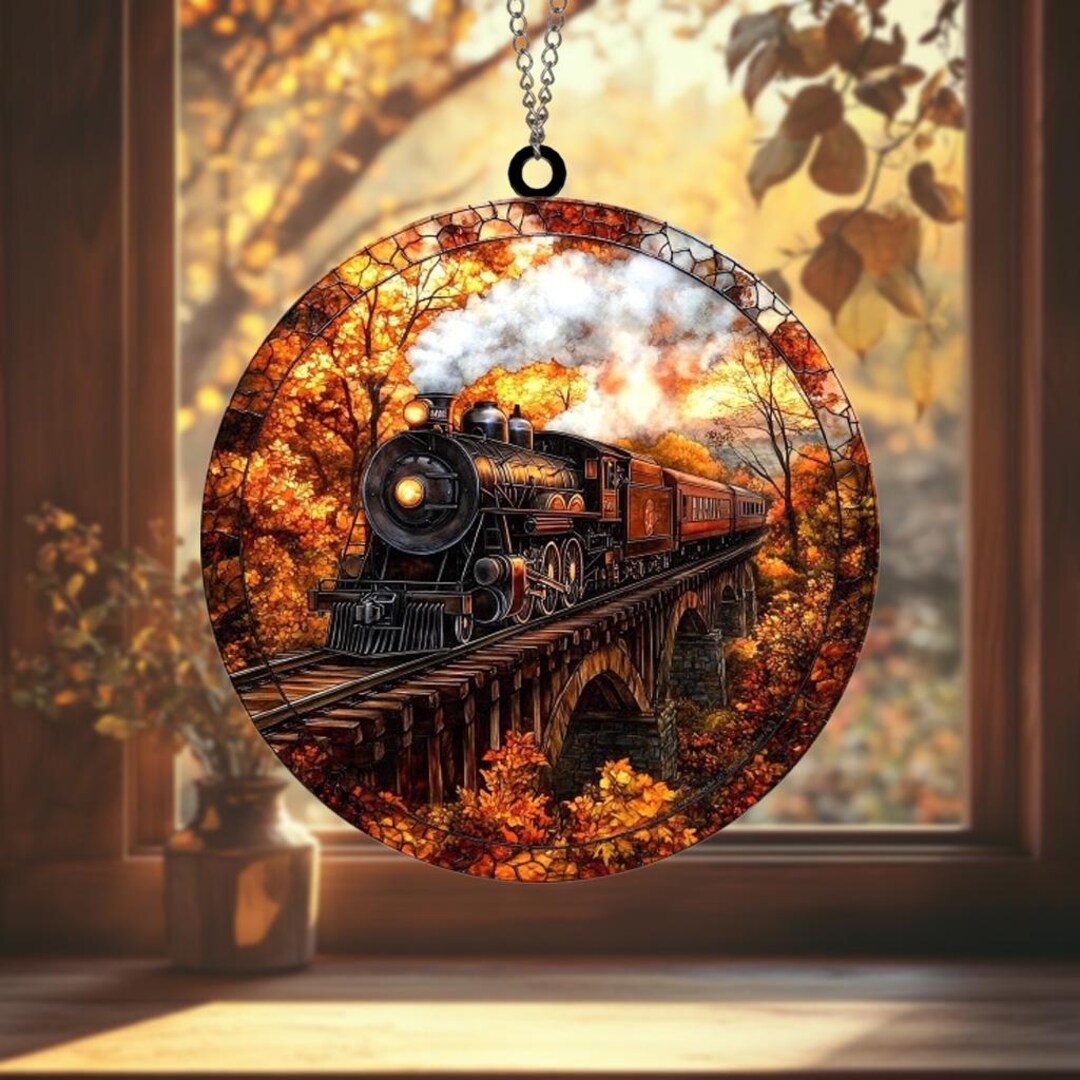 Steam Locomotive Crossing a Historic Bridge Suncatcher Handmade Crystal ...