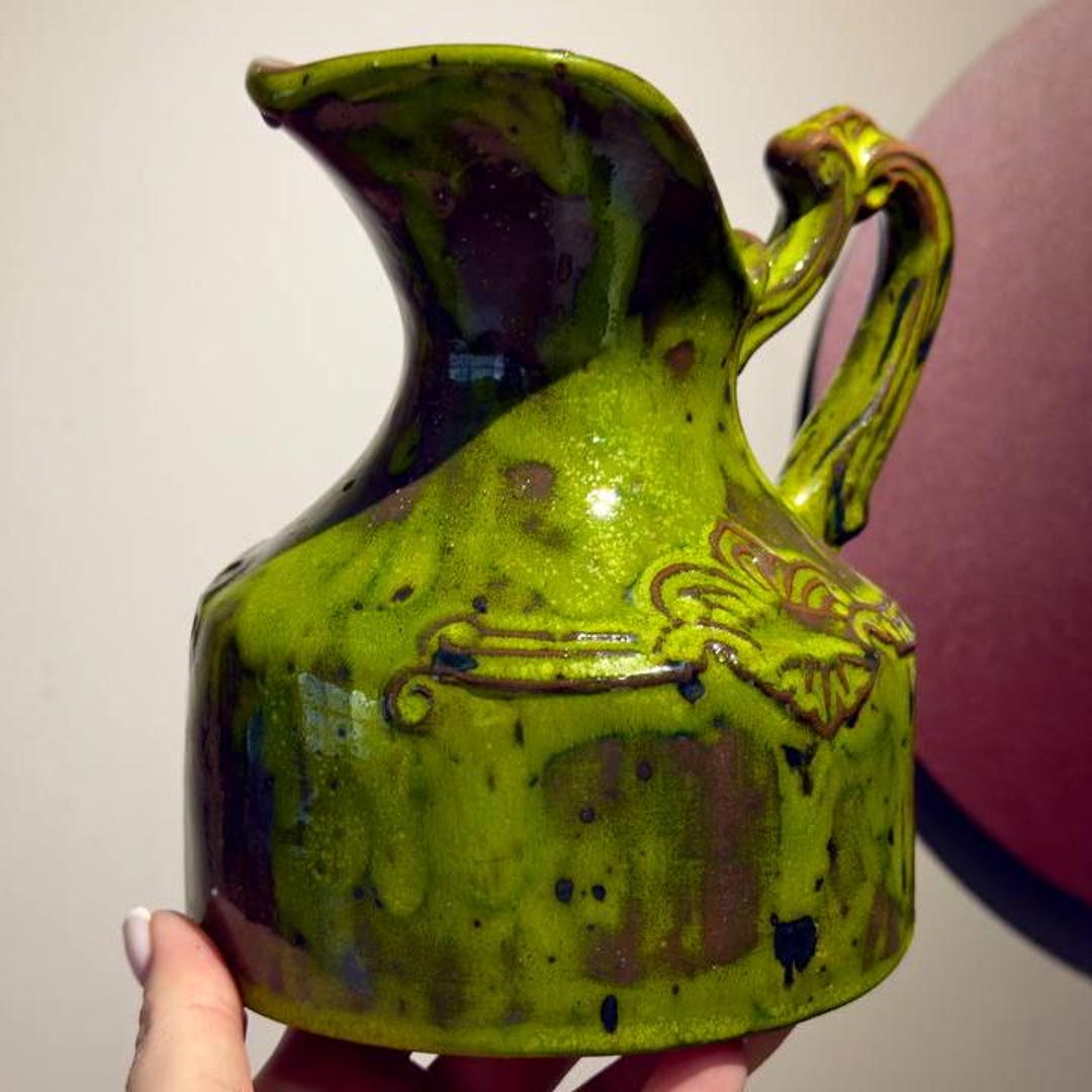 Vintage Ceramic Jug – Handmade Pottery Pitcher, Green Glaze Vase ...