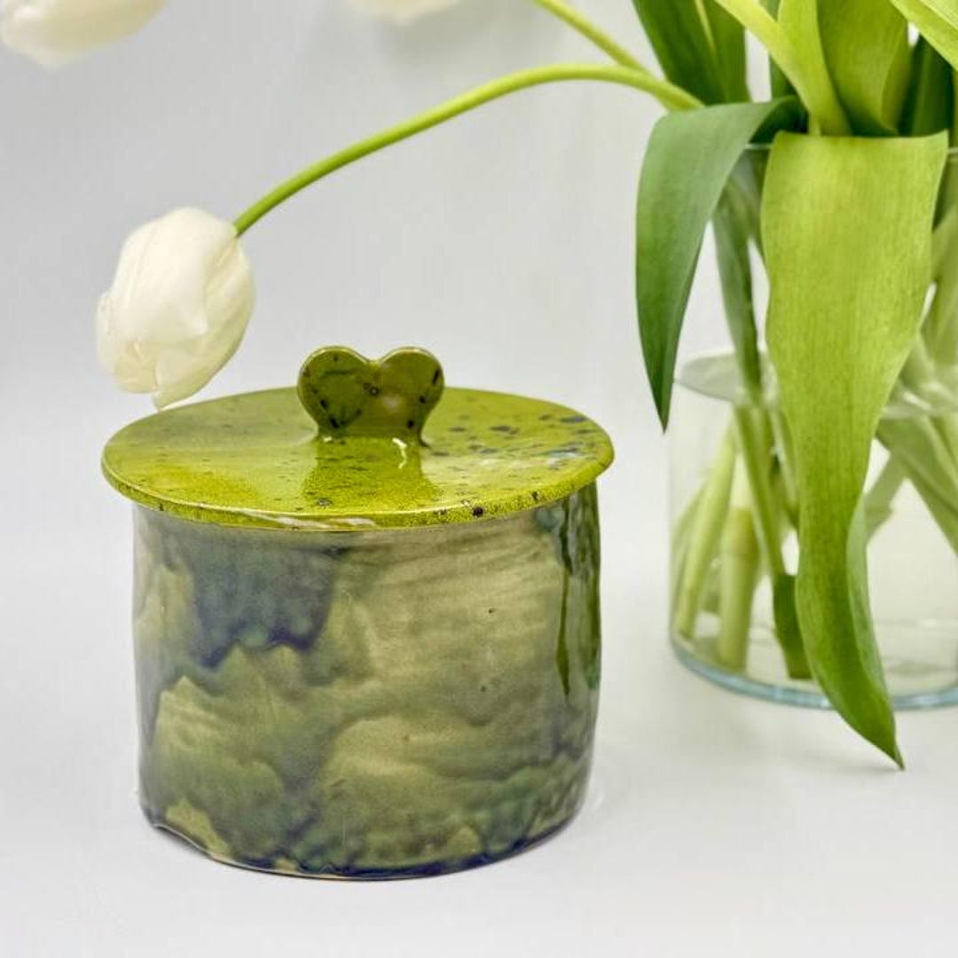 Green Ceramic Storage Jar With Lid – Rustic Pottery Salt Cellar, Sugar ...