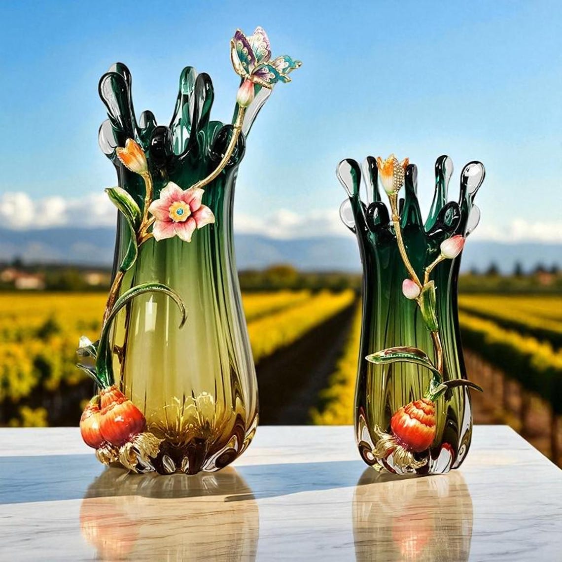 Exquisite Glass Vase With Emerald to Amber Gradient. Adorned With ...