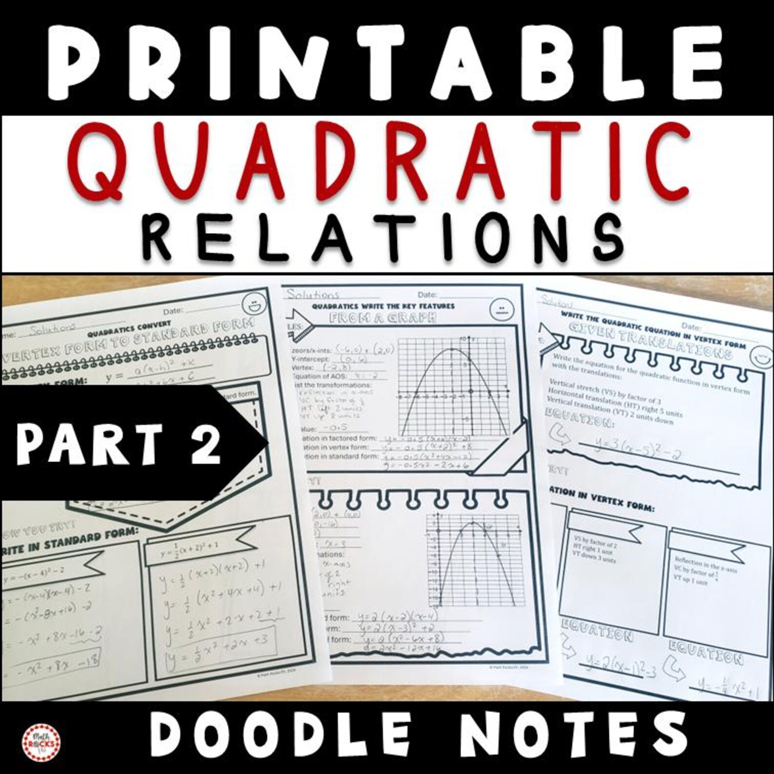 Quadratic Functions Doodle Notes Part 2 10th Grade Worksheets Algebra 1 ...