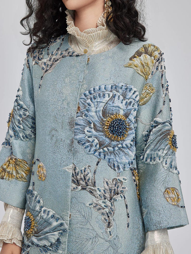 Hand-embroidered Floral Jacquard Coat: 3D Beaded Jacket - Etsy