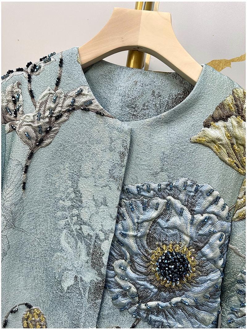 Hand-embroidered Floral Jacquard Coat: Beaded 3D Flowers - Etsy