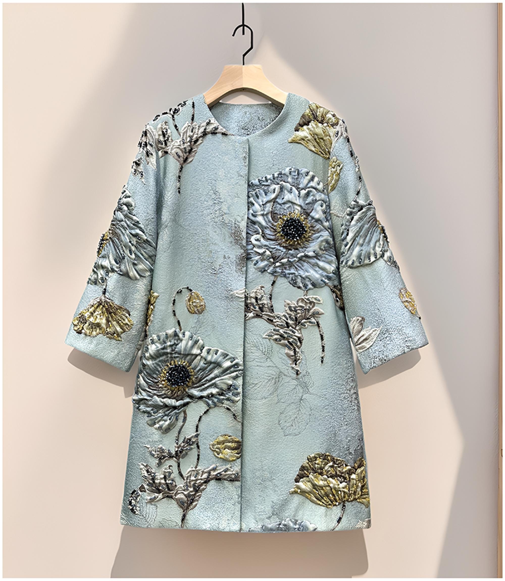 Hand-embroidered Floral Jacquard Coat: Beaded 3D Flowers - Etsy