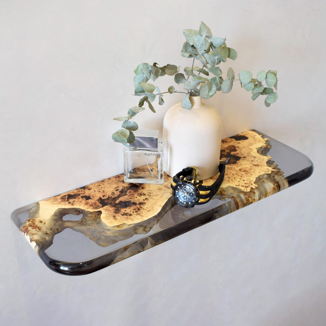 Clear Epoxy Resin Floating Shelf, Live Edge Wood Transparent Epoxy ...