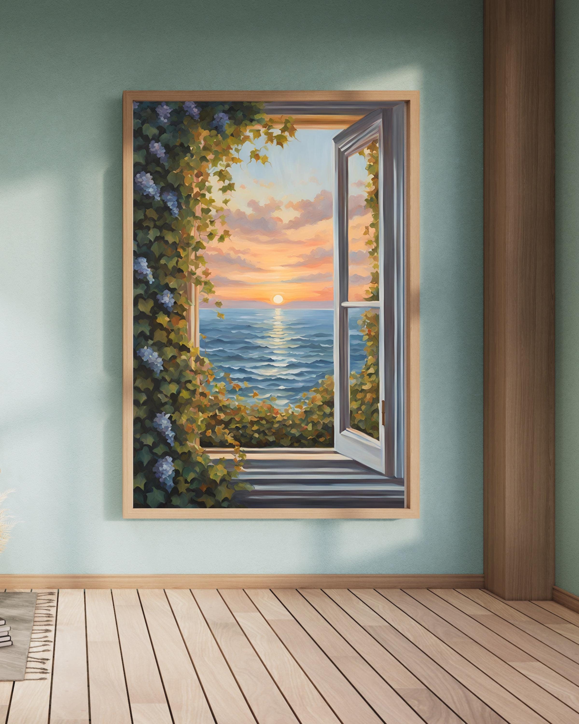 Opened Window With Ocean View Wall Decor, Scenic Window View Oil ...