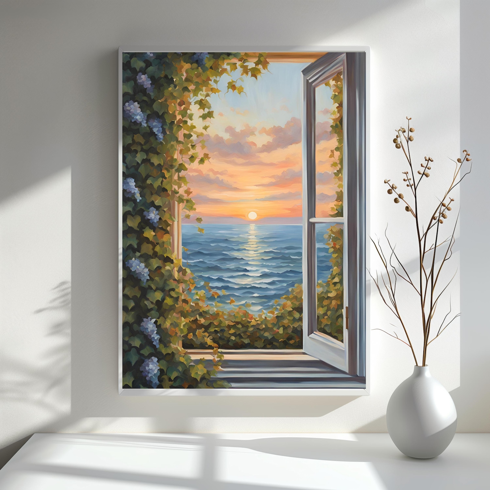 Opened Window With Ocean View Wall Decor, Scenic Window View Oil ...