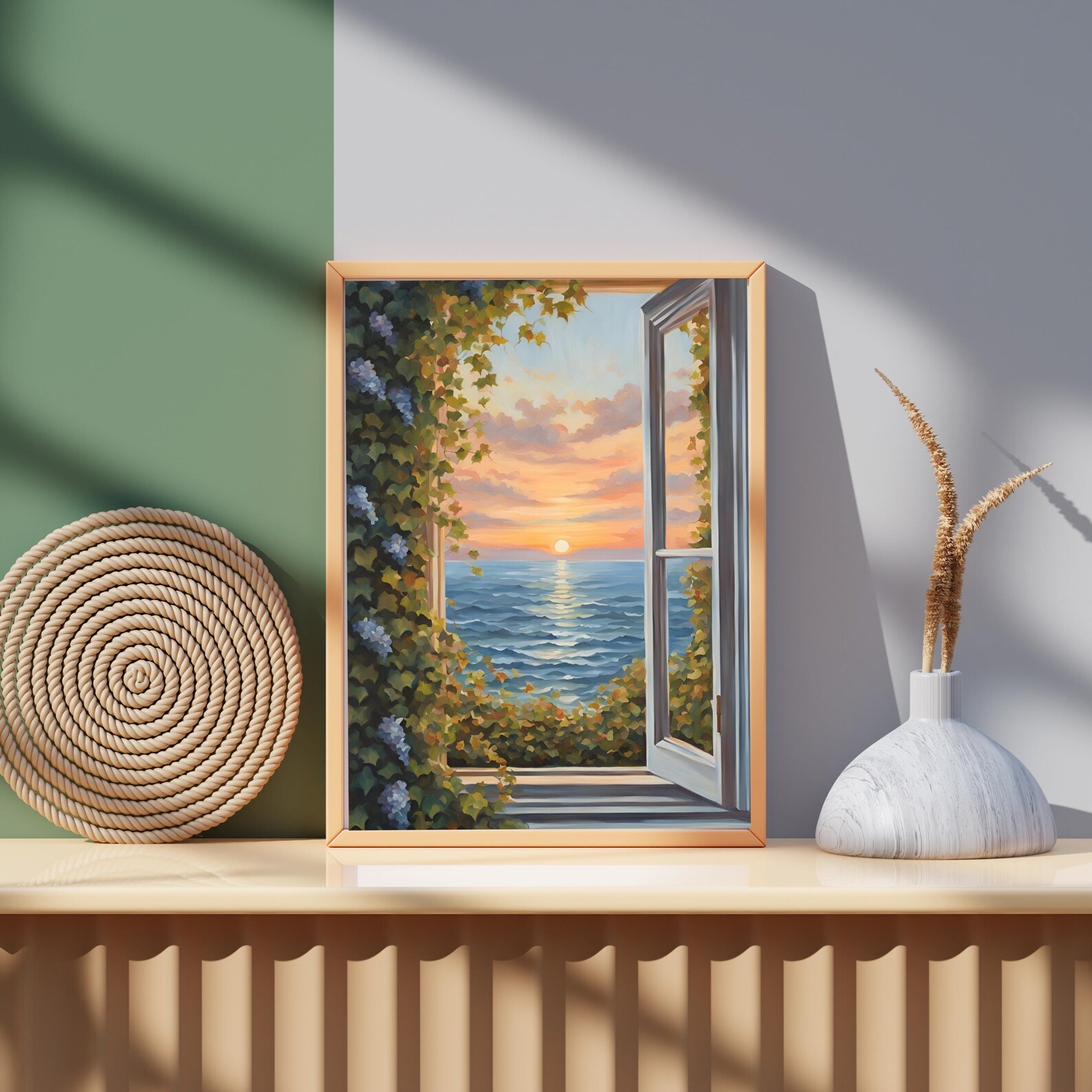 Opened Window With Ocean View Wall Decor, Scenic Window View Oil ...