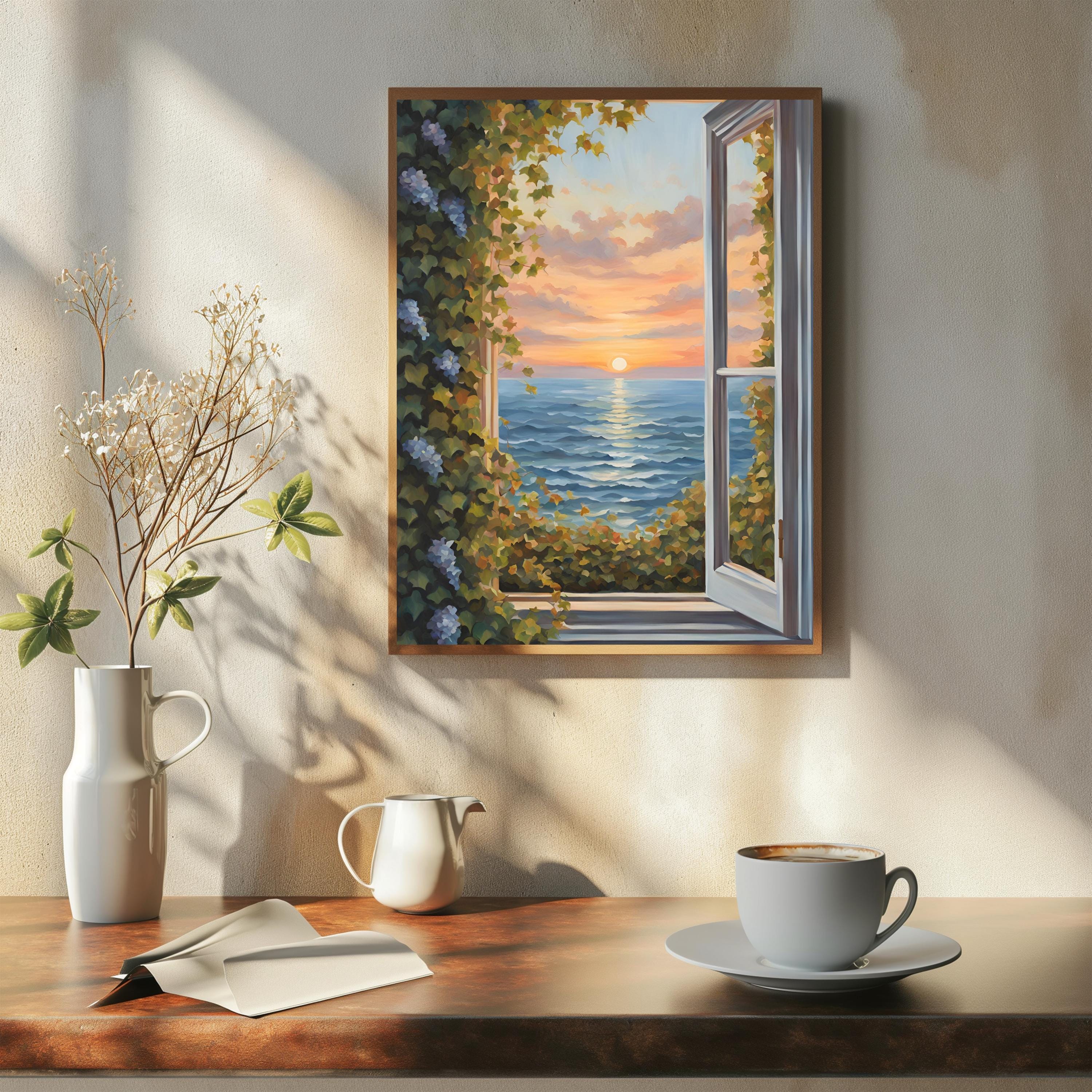 Opened Window With Ocean View Wall Decor, Scenic Window View Oil ...