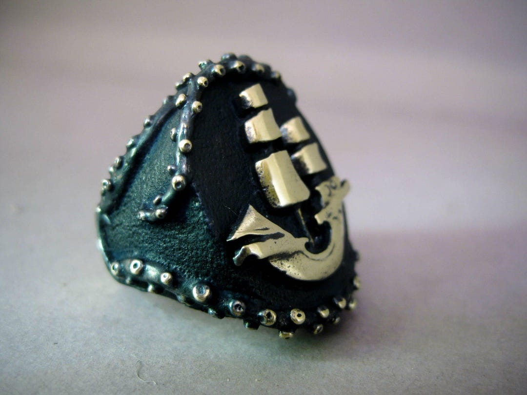 Ship and Tentacles - Bronze Signet Ring - Pirate Ring - Jolly Roger ...