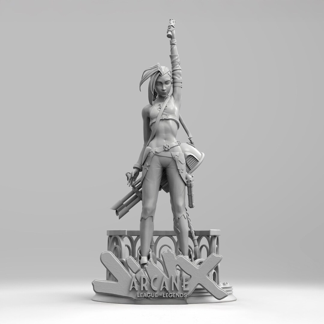 3D Printed Jinx Arcane Figure Unpainted Gray PLA League of Legends Inspired 15cm Tall ...