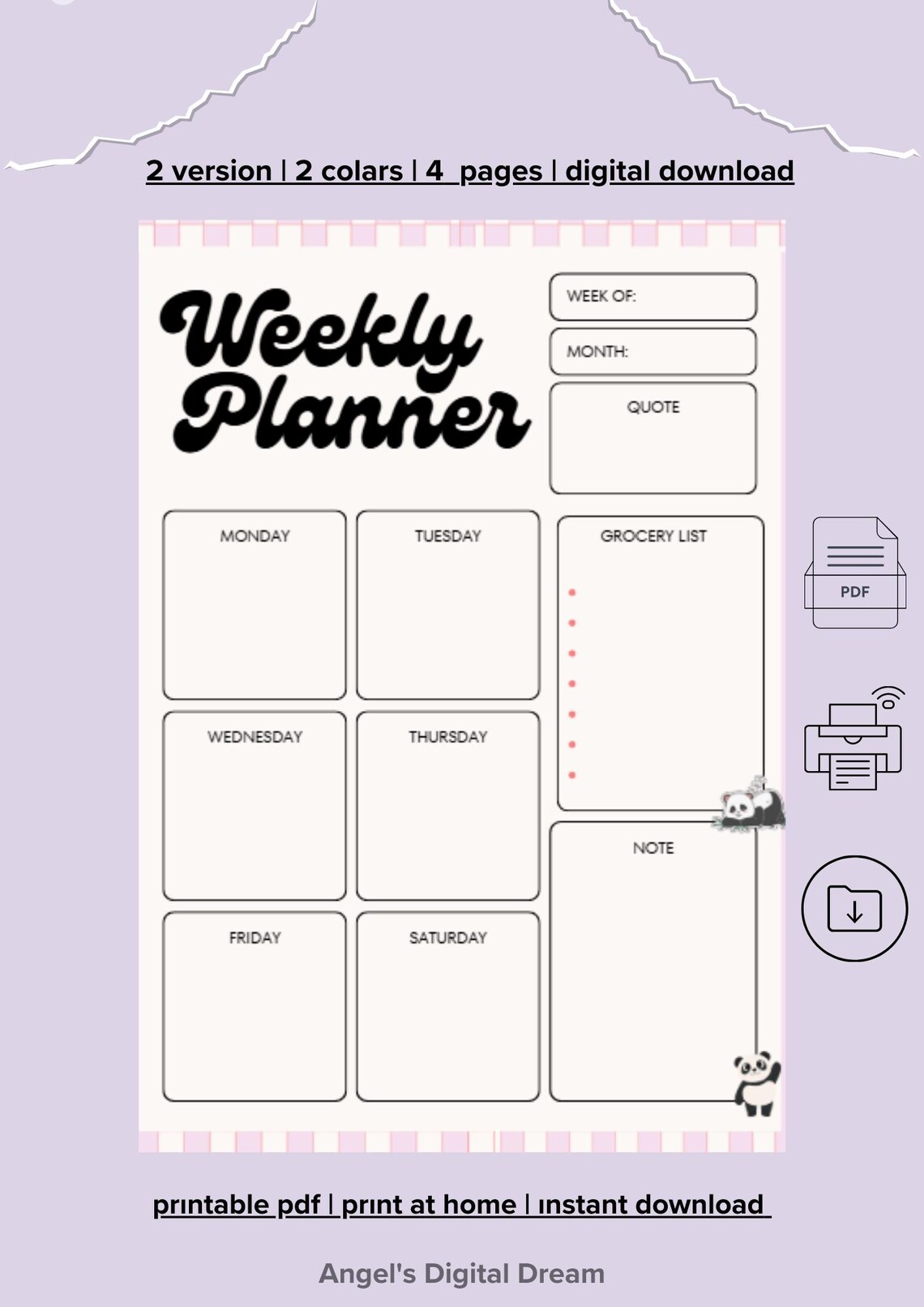Printable Weekly Planner , Vertical Minimalist Weekly Schedule, Weekly ...