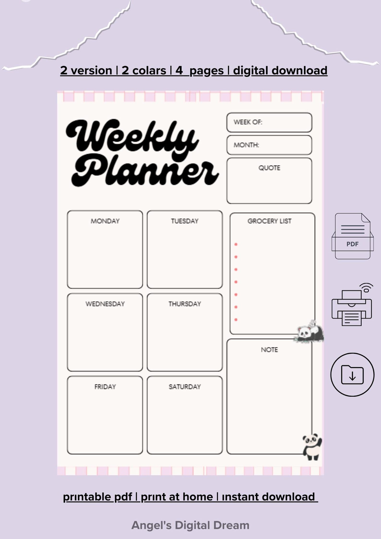 Printable Weekly Planner , Vertical Minimalist Weekly Schedule, Weekly ...