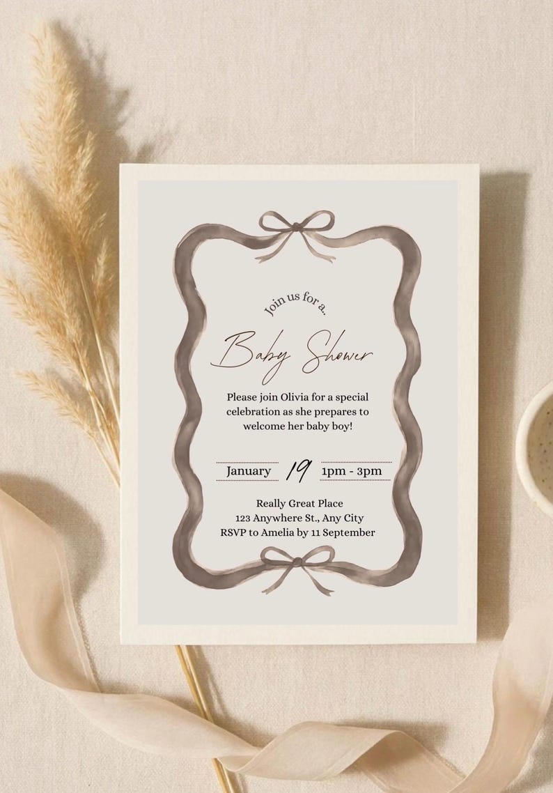 Editable Canva Template| Digital Baby Shower Invite| Bow Baby Shower ...
